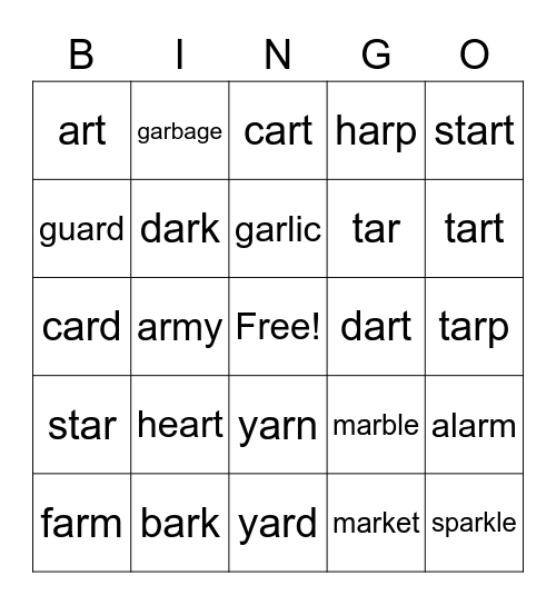 Vocalic /ar/ Bingo Words Bingo Card