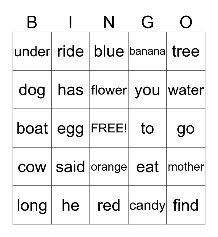 Edmark Words Bingo Card