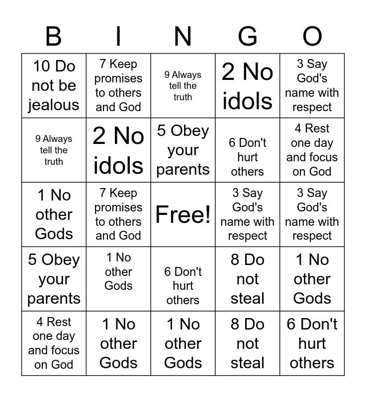 10 commandments Bingo Card
