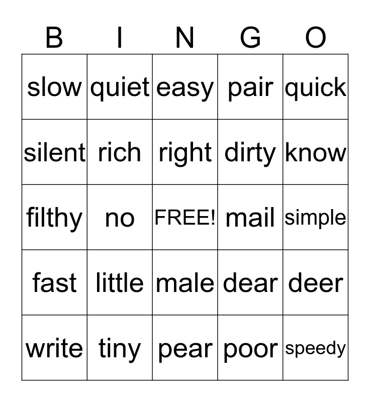 Synonyms, Antonyms, Homophones, Homonyms Bingo Card