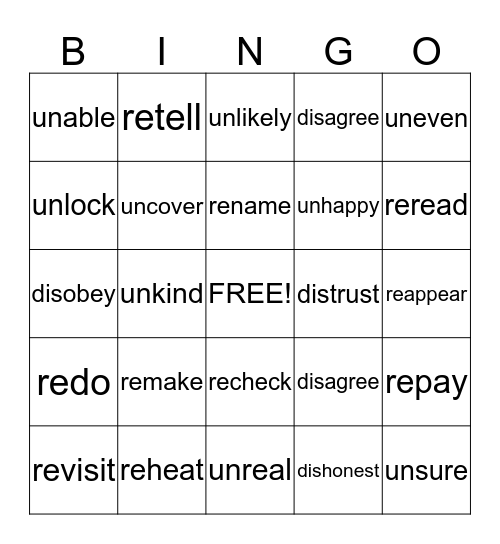 Prefixes Bingo! Bingo Card