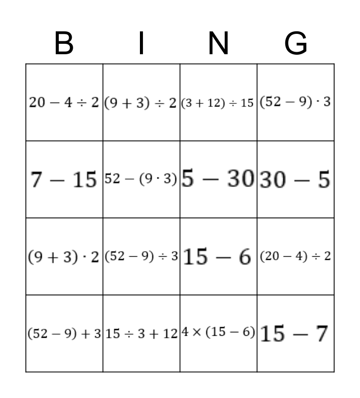 Expressions Bingo Card