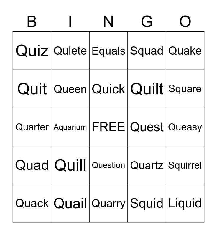 QU Spelling Words Bingo Card