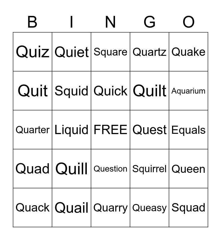 QU Spelling Words Bingo Card
