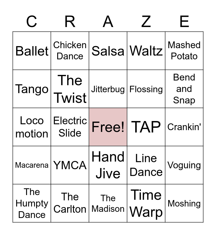 D A N C E Bingo Card D A N C E Bingo Card