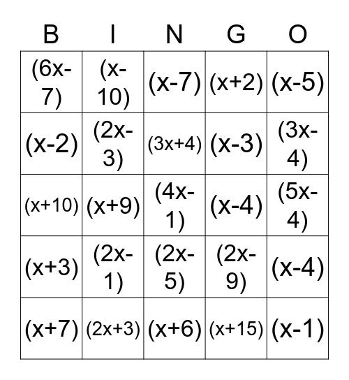 Polynomial Factoring - Trinomials Bingo Card