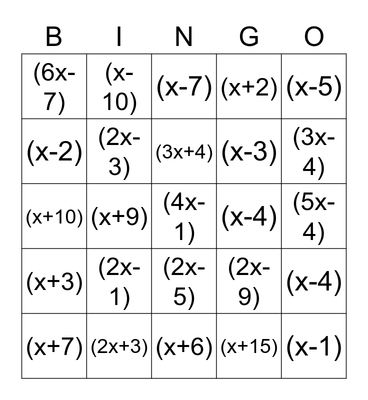 Polynomial Factoring - Trinomials Bingo Card
