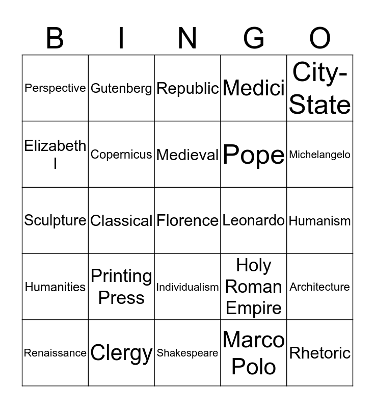 Renaissance Vocabulary Bingo Card