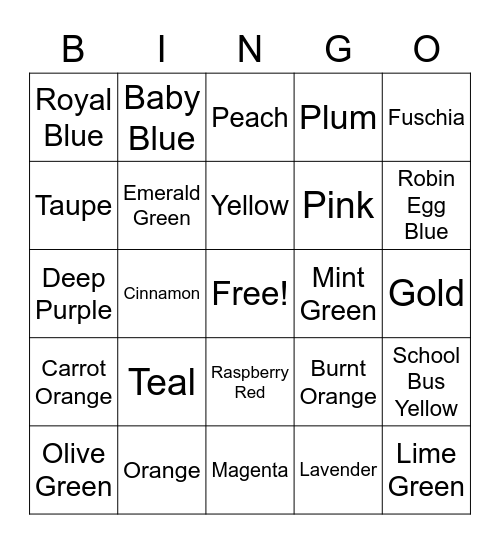 Colours Bingo Card