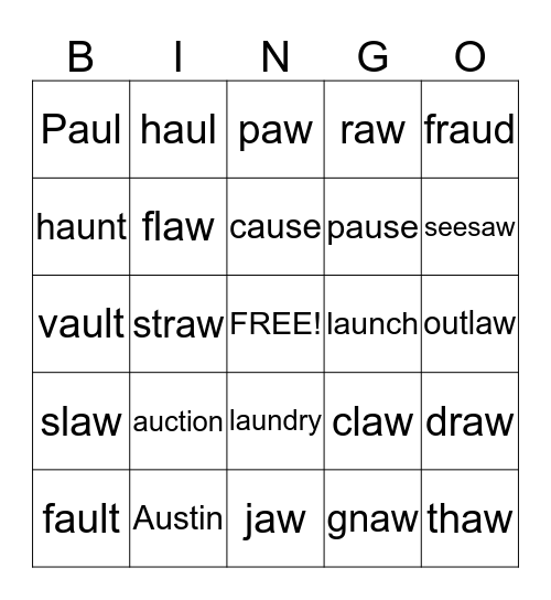 Digraph au & aw Bingo Card