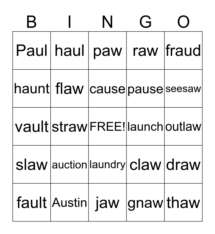 Digraph au & aw Bingo Card