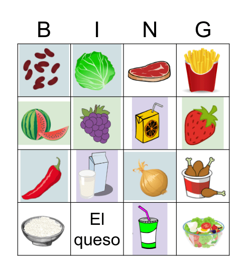 La comida Bingo Card