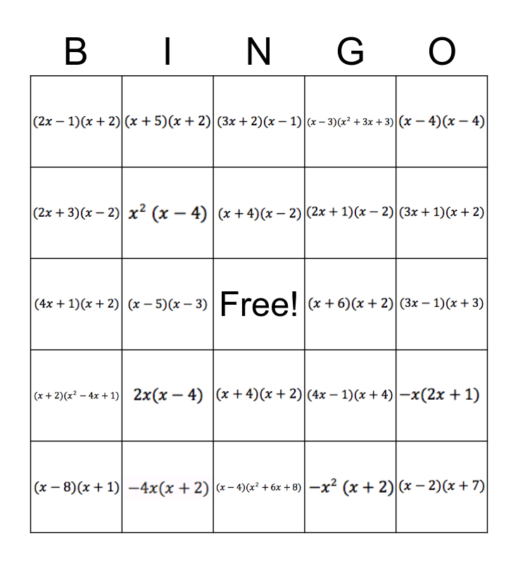 Multiplying Polynomials Bingo Card