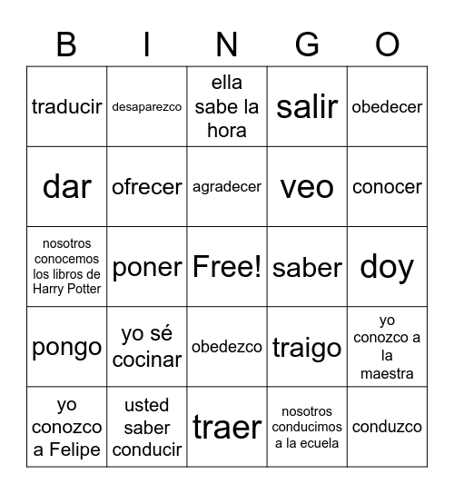 Irregular YO verbs/ saber vs conocer Bingo Card