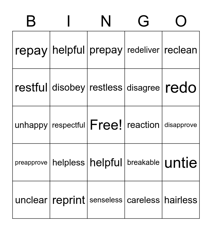 Prefix And Suffix Bingo Printable - Printable Word Searches