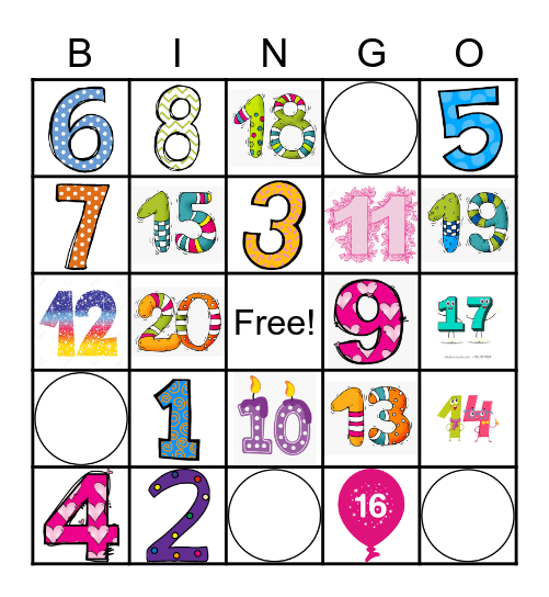 1 - 20! Bingo Card