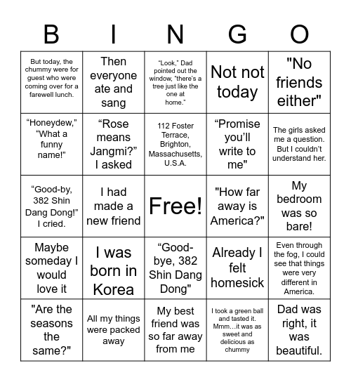Goodbye, 382 Bingo Card