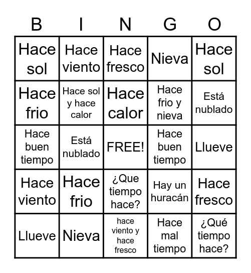 Spanish weather Bingo Card