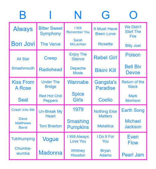DJ Bingo - 90's Hits Bingo Card