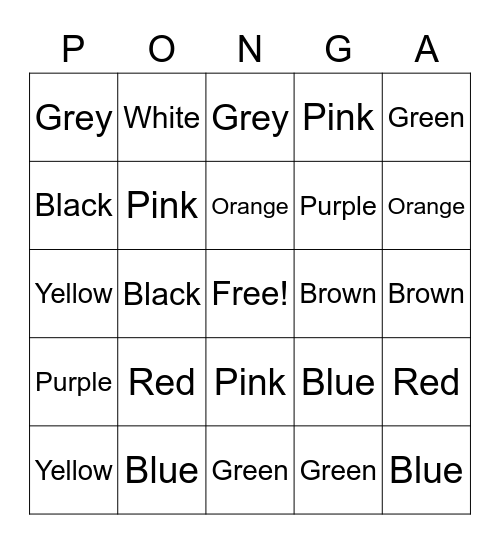 Ponga- Colors Bingo Card