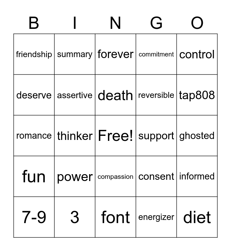 Peer Ed Bingo Card