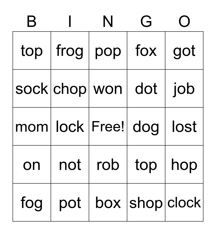 Short O Bingo Card