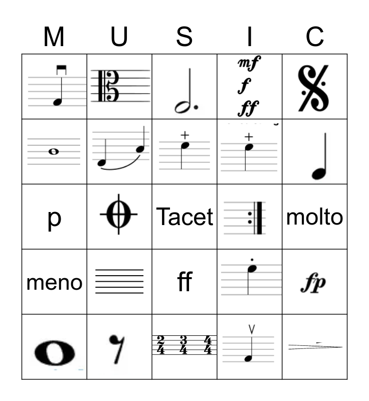 Basic Music Symbols Bingo Card
