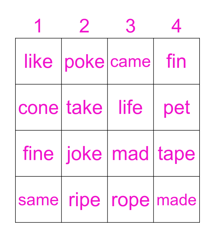Magic E Bingo Card