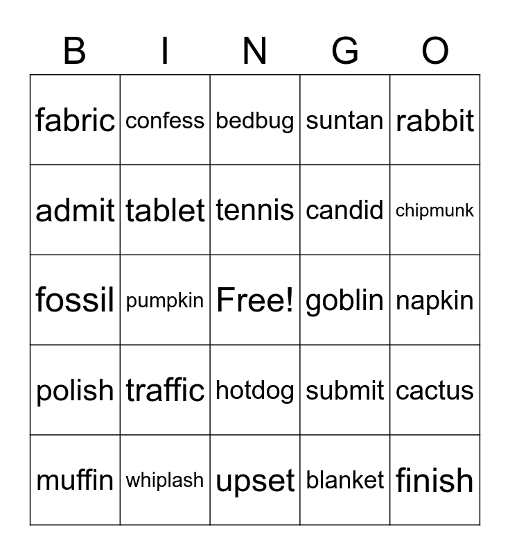 2-Syllable Bingo Card