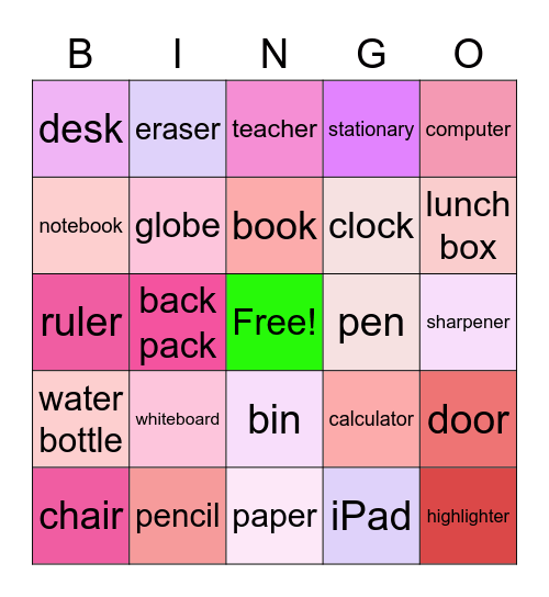 Things in the classroom! Bingo Card