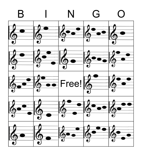 Treble Clef Staff Note Names Bingo Card