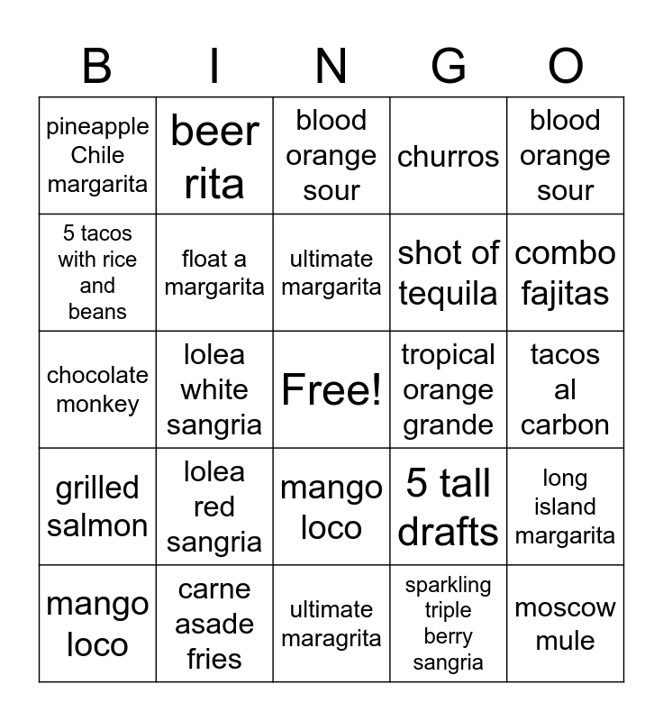 cafe sabor bingo Card
