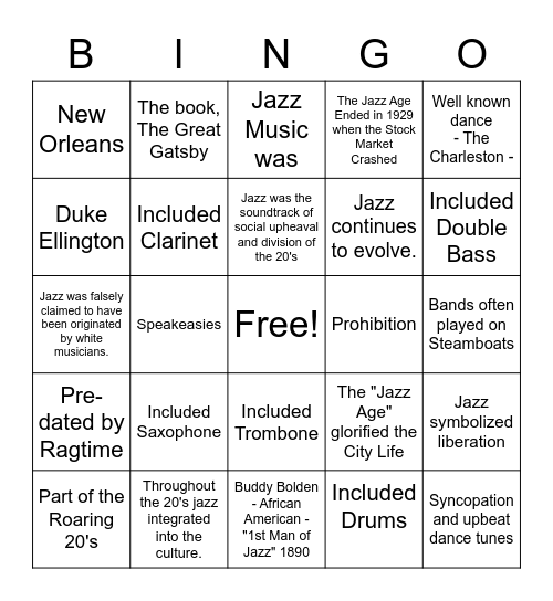 The Jazz Age Bingo Card