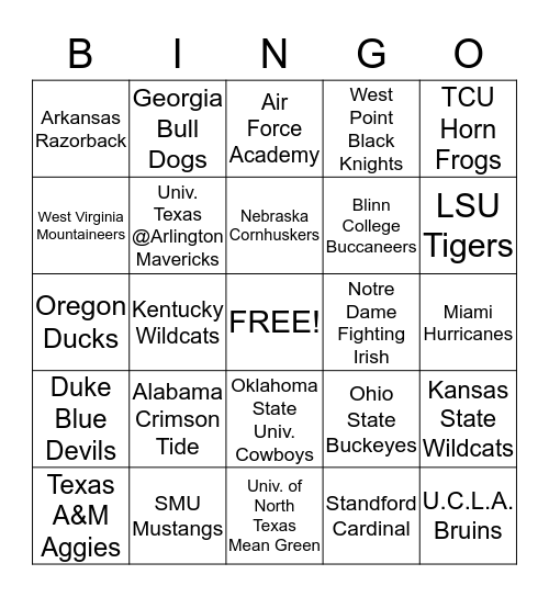 College Bingo Card