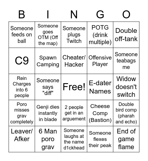 Ovewatch Drinking Bingo Card