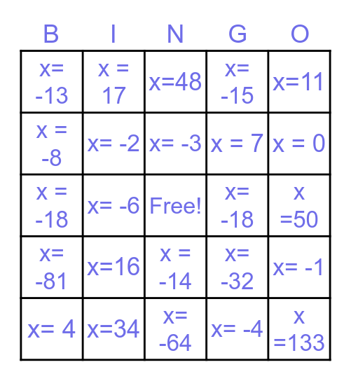 Equation Bingo Card