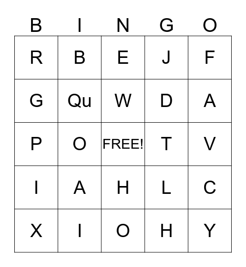 Upper Lower Case Bingo Card