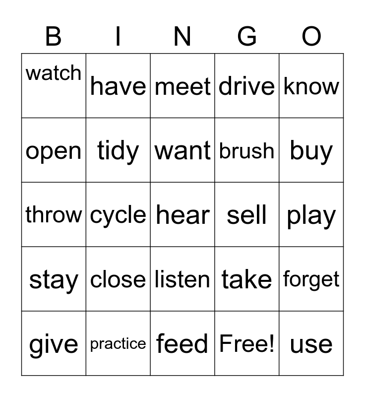 Common Verbs Bingo Card