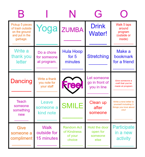 LET'S GET ACTIVE & KIND BINGO! Bingo Card