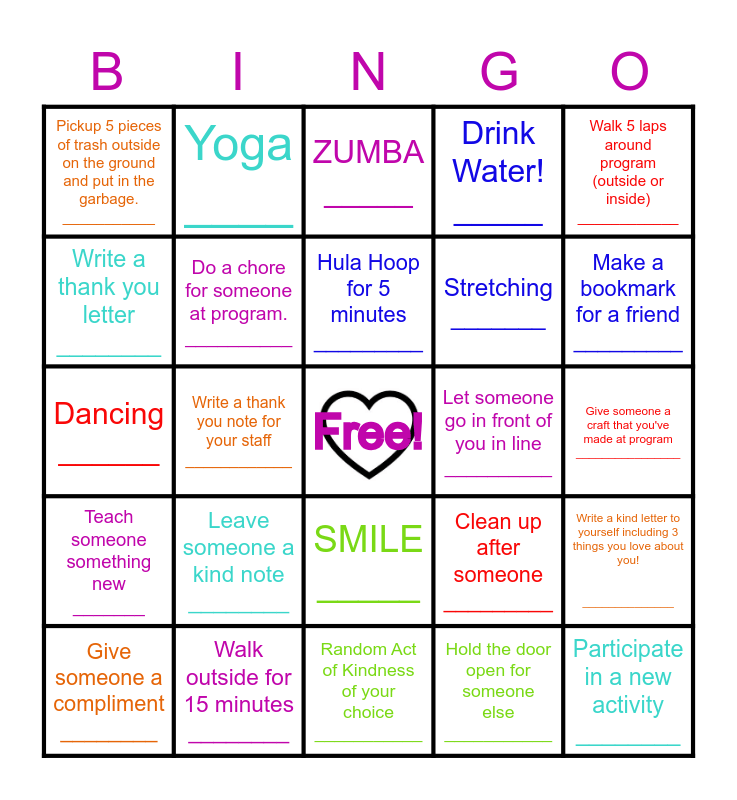 LET'S GET ACTIVE & KIND BINGO! Bingo Card
