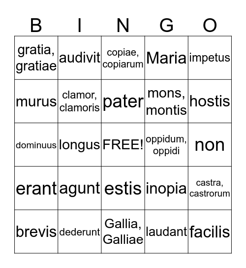 Latin Review Bingo Card