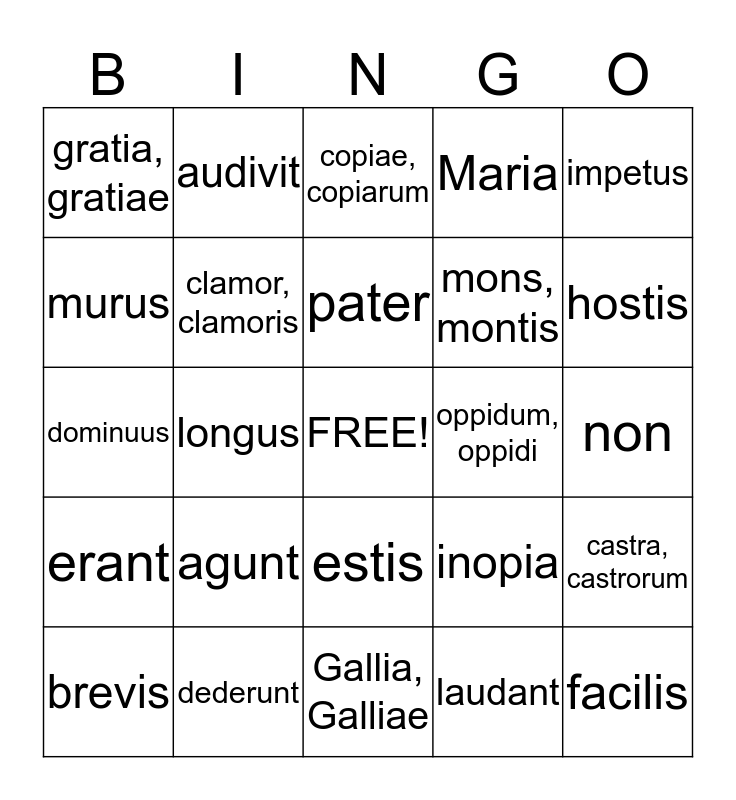 Latin Review Bingo Card