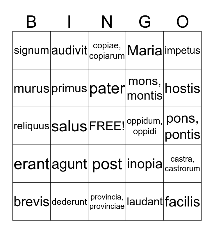 Latin Review Bingo Card