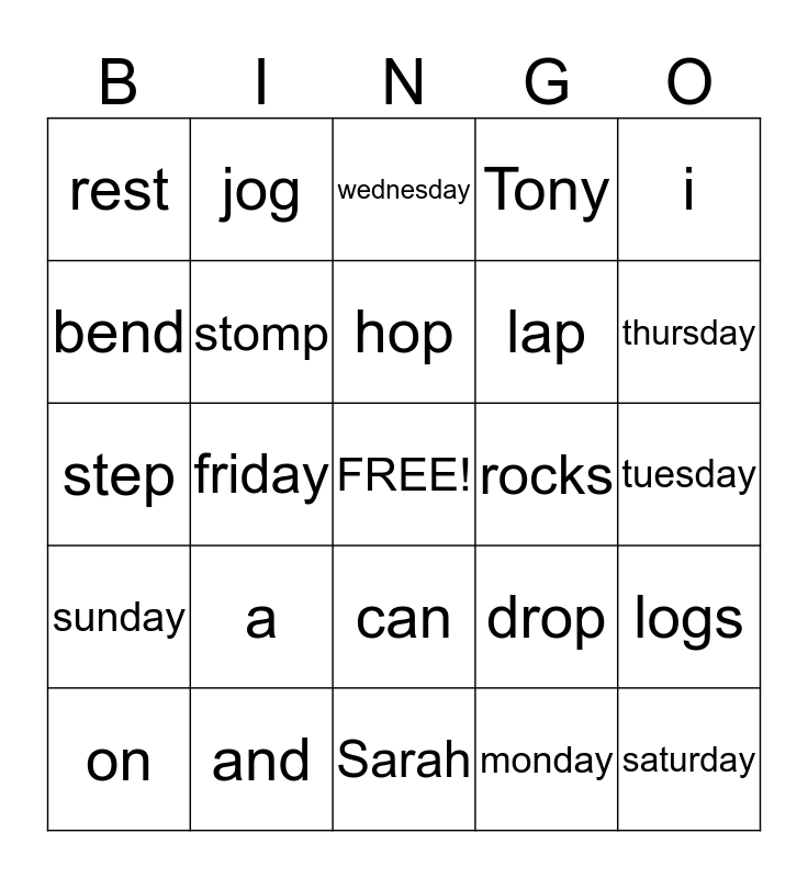 jump, hop, stomp Bingo Card