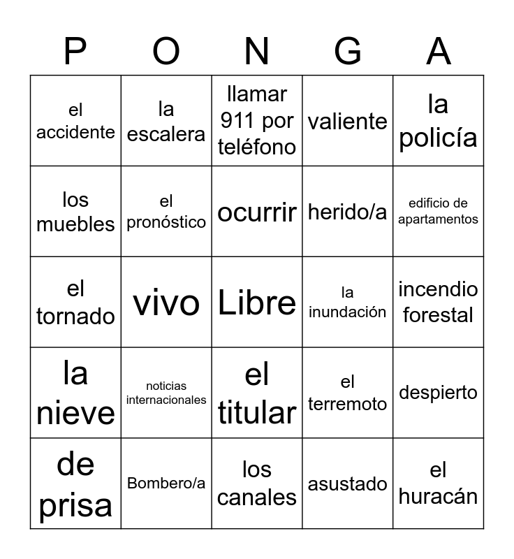 5A PONGA Bingo Card
