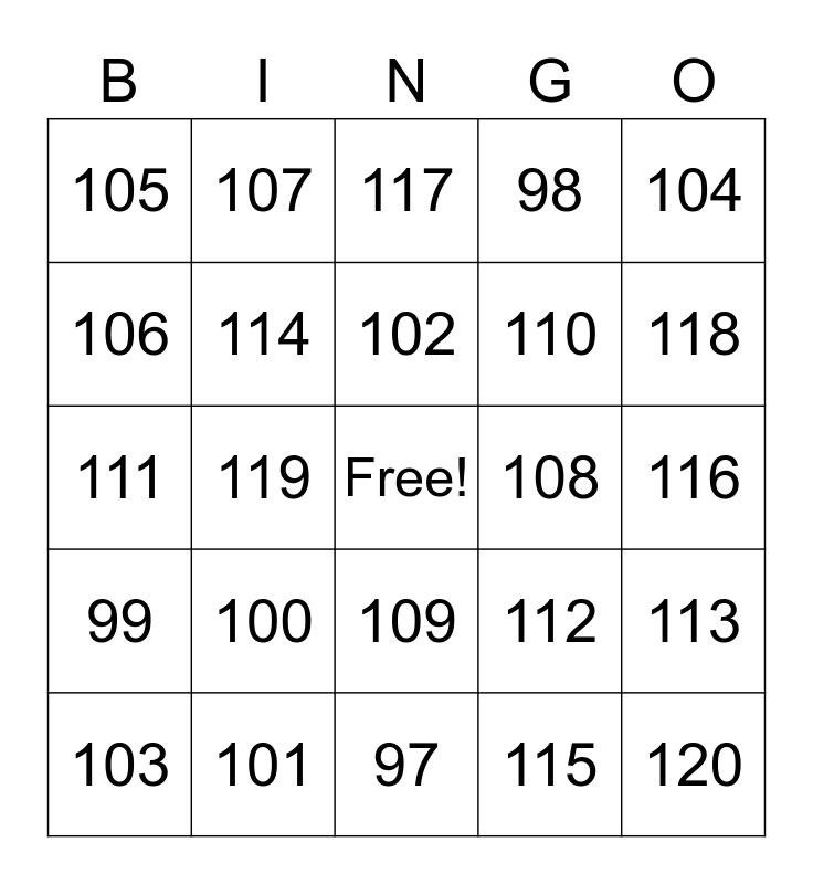 Numbers 100-120 Bingo Card