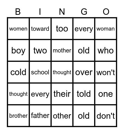 SET 4 High Frequency Word Bingo Card