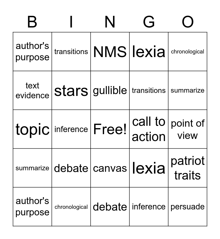 ELA Bingo Card