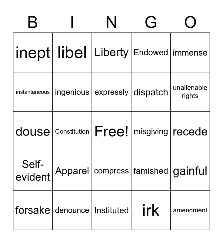 5th Hour English Bingo Card 5th Hour English Bingo Card