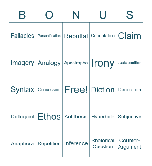 AP Rhetorical Terms and Devices Bingo Card
